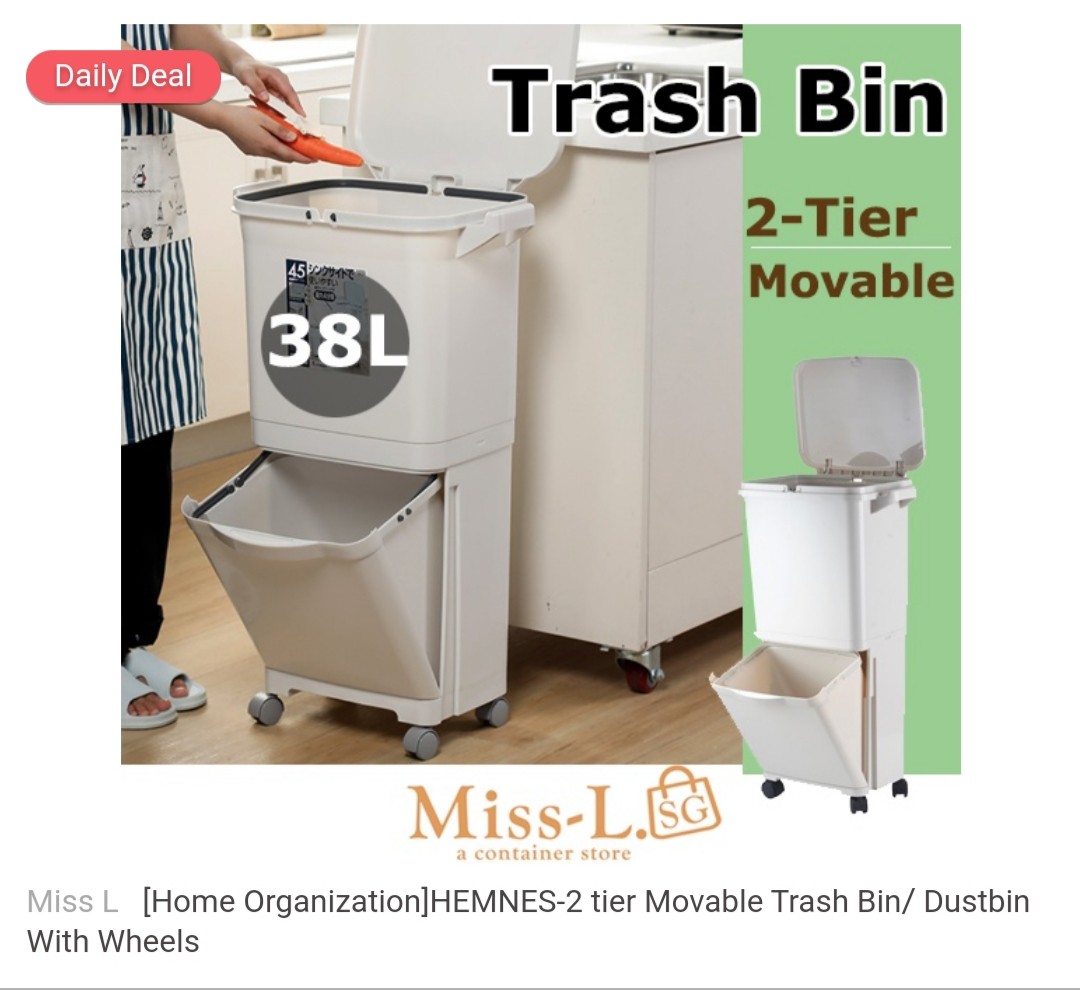 HEMNES 2 tiers movable Trash bin/ Dustbin with wheels, Furniture & Home ...