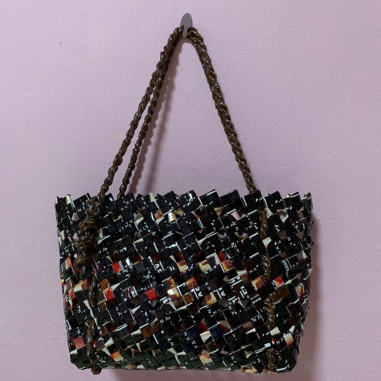 Hand-woven Handbag from recycled plastic wrapper, Women's Fashion, Bags ...