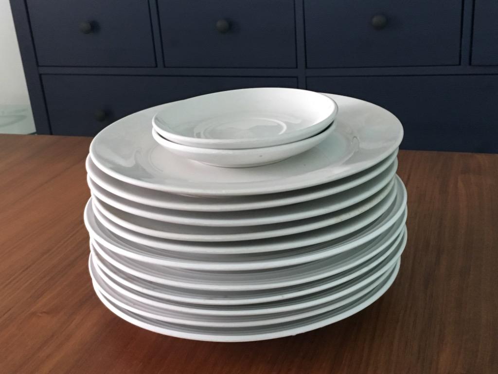 11 plain white ceramic plates normal sized + 2 small sized , slightly ...