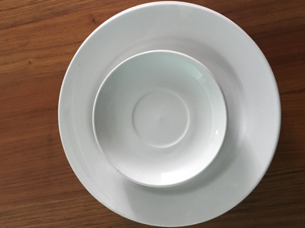 11 plain white ceramic plates normal sized + 2 small sized , slightly ...