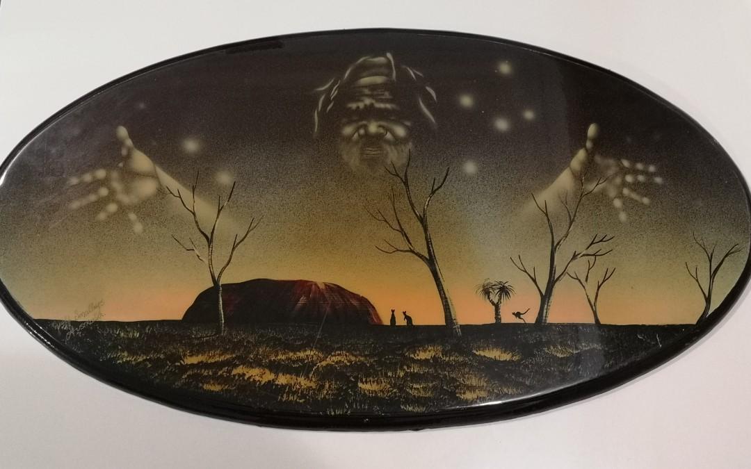 Burl wood plaque of Aboriginal people and kangaroos with Australia ...