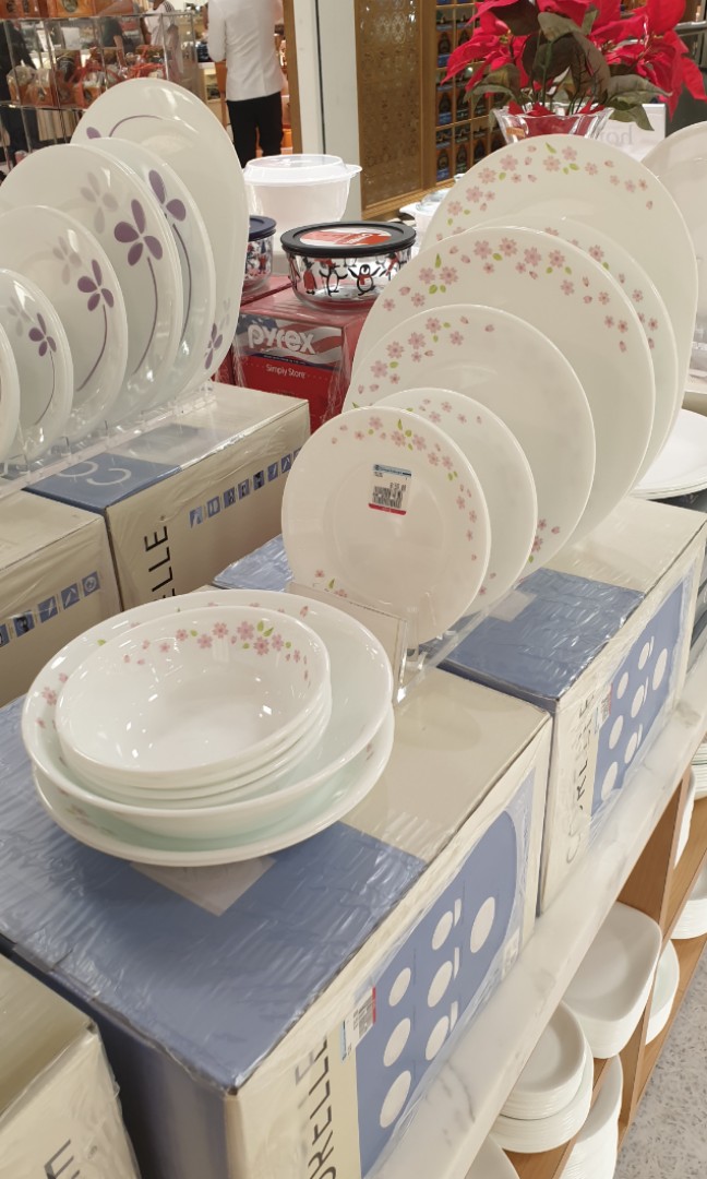 Corelle 20pc Sakura + 2pc plain white Plates Set, Furniture & Home ...