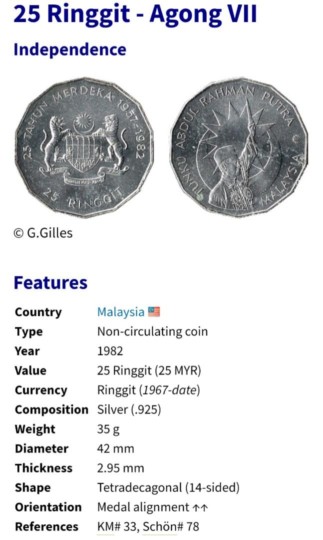 1957 to 1982 Merdeka 25 Tahun 25 Ringgit Silver 925 Coin Wang Syiling ...
