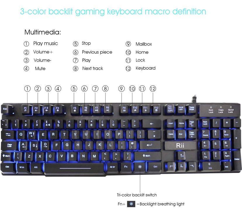 Rii RK100 3 Color LED Backlit Mechanical Feeling Gaming Keyboard Black ...