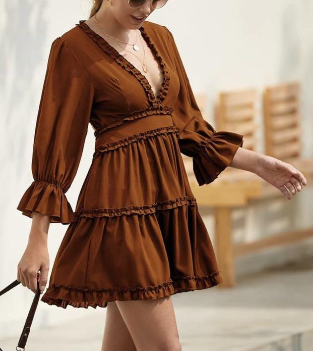 SHEIN Puff Sleeve Open Back Ruffled Dress, Women's Fashion, Dresses ...