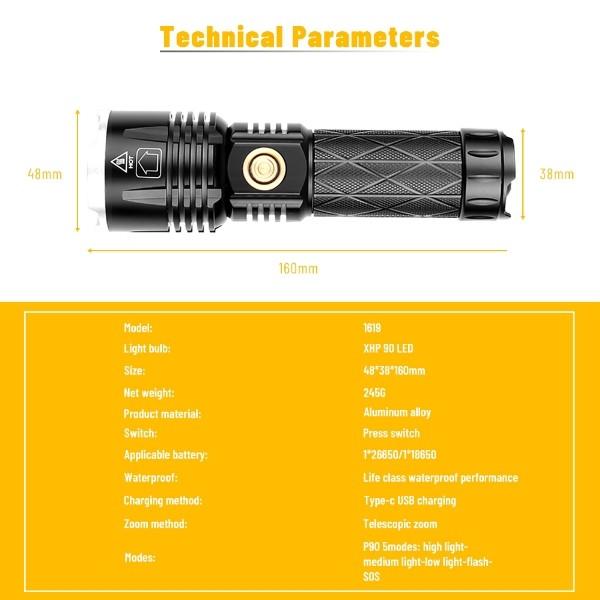 XHP90 LED Flashlight 8000 Lumen Ultra Bright Zoom Torchlight with ...