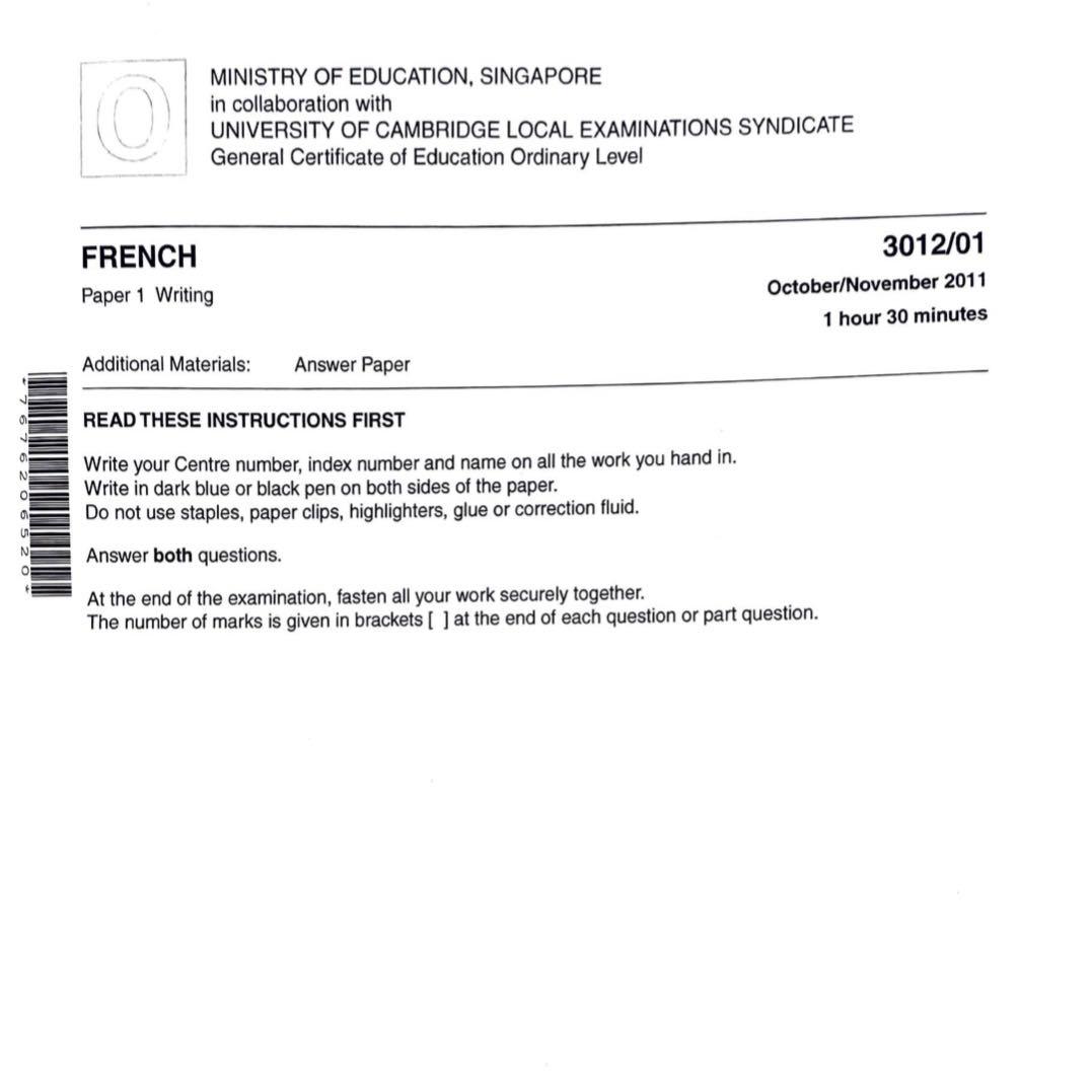 Soft copy French o level past year exam paper TYS 2010-2020, Hobbies ...