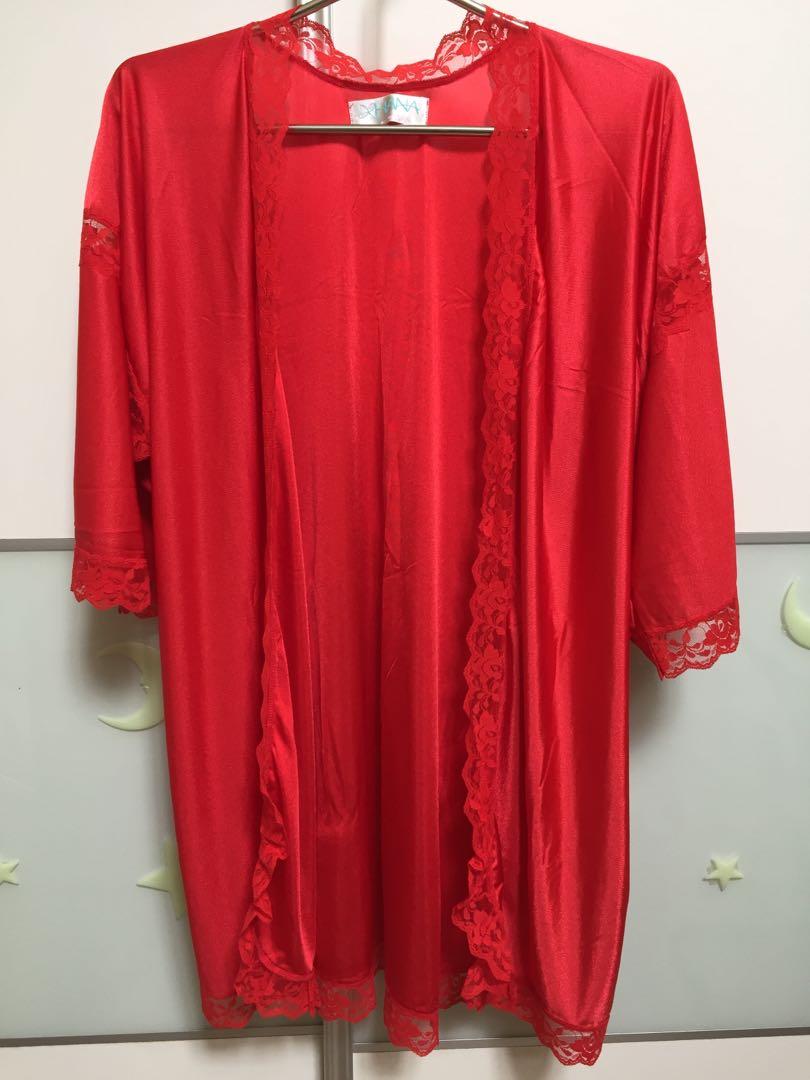 Sexy Red Silk Lacy Robe, Women's Fashion, Coats, Jackets and Outerwear ...