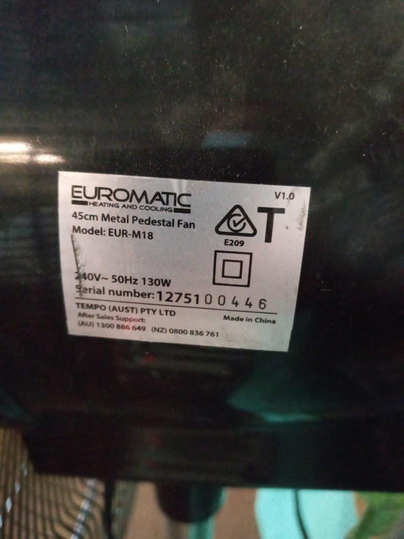 Euromatic 45cm Black Metal Pedestal Fan, Furniture & Home Living ...