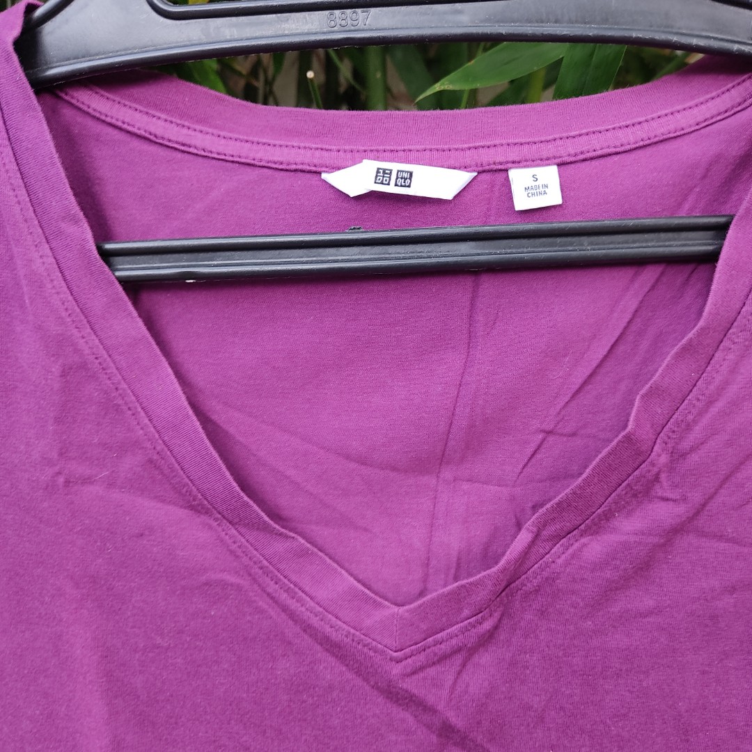 Uniqlo Violet Purple Plain Vneck shirt, Women's Fashion, Tops ...