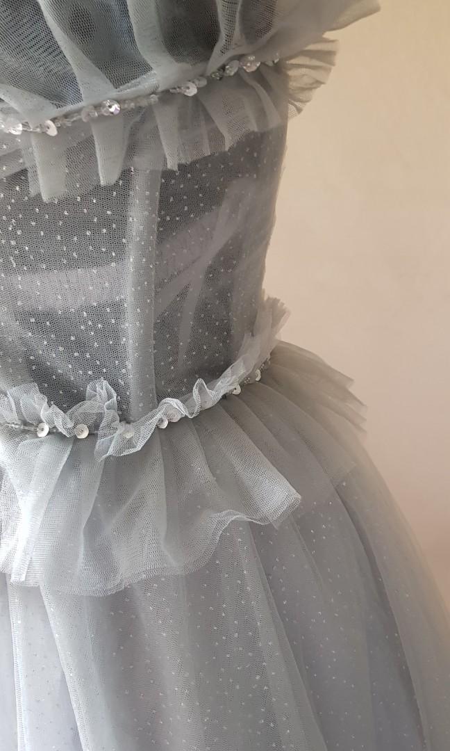 Dusty blue powder blue tulle gown debut bridesmaid wedding guest midi ...