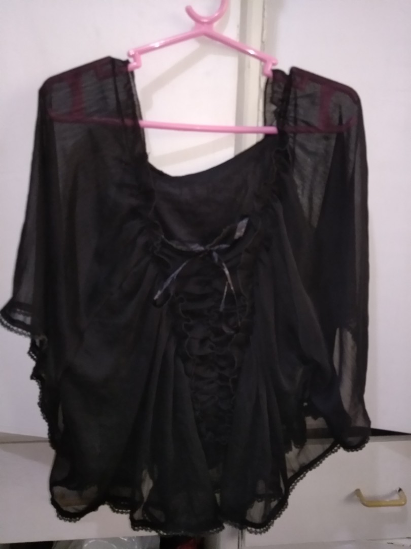 Goth gothic lolita batwing black chiffon poncho top, Women's Fashion ...