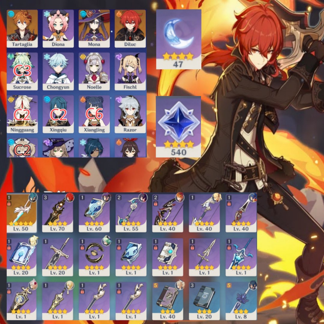 Selling Genshin impact account ! DILUC + MONA + CHILDE + AQUILA FAVONIA ...