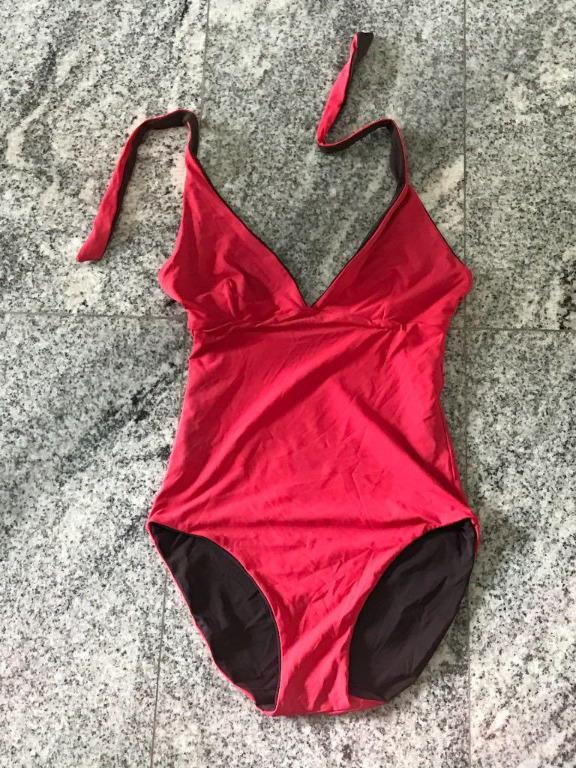 Red & Chocolate Reversible One Piece Designer Swim Suit, Olah Raga ...