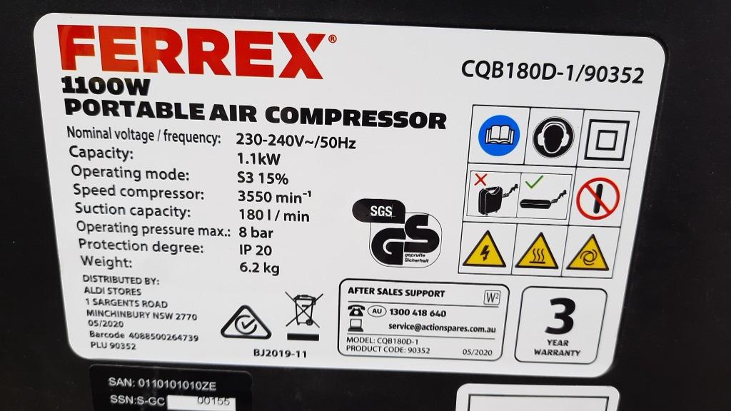Ferrex Portable Air Compressor 1100W 8BAR, Commercial & Industrial ...