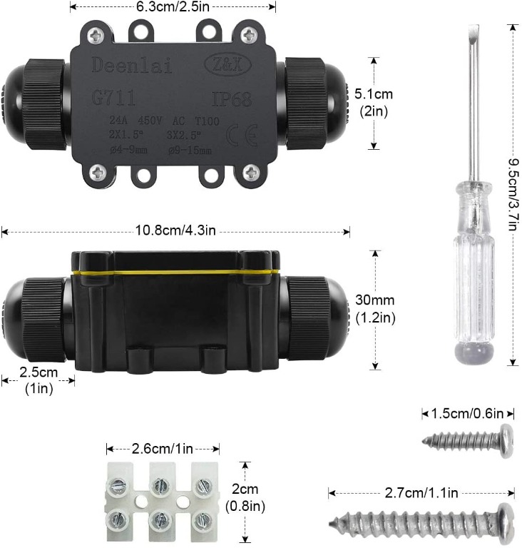 Waterproof Junction Box, Jirvyuk IP68 Outdoor Black Plastic Gland ...