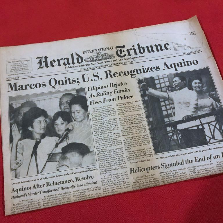 The Herald Tribune February 26, 1986 MARCOS QUITS; US RECOGNIZES AQUINO ...