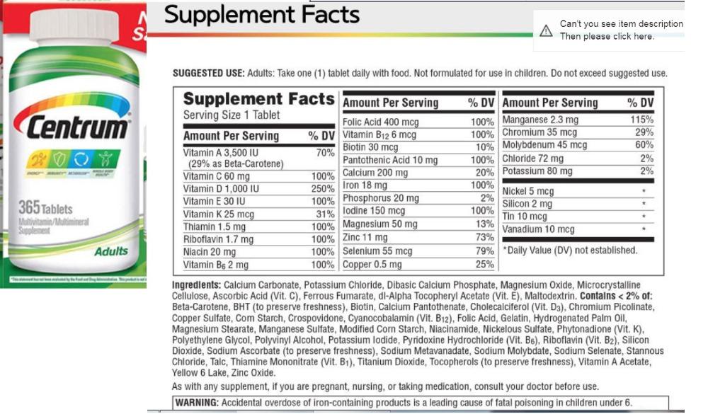 Centrum Adults Multivitamin, Health & Nutrition, Health Supplements ...