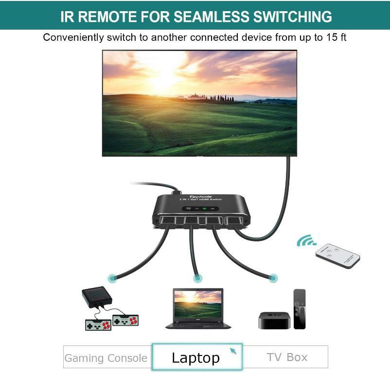 HDMI Switch 4k HDMI Splitter 3 in 1 Techole Aluminum with IR Remote ...