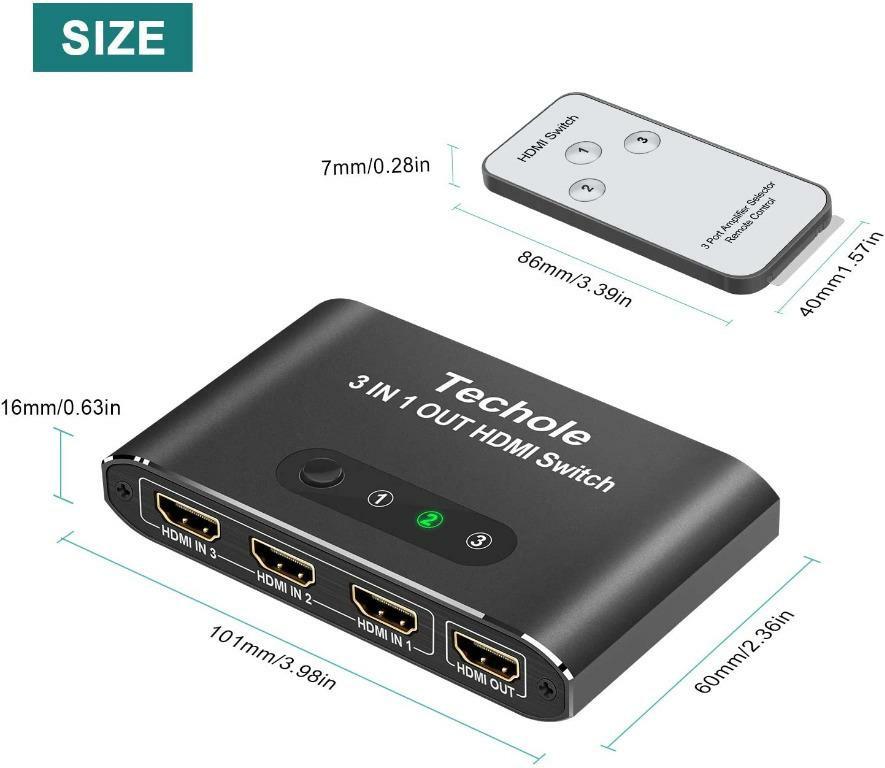 HDMI Switch 4k HDMI Splitter 3 in 1 Techole Aluminum with IR Remote Control lin3z6 domez6, TV ...