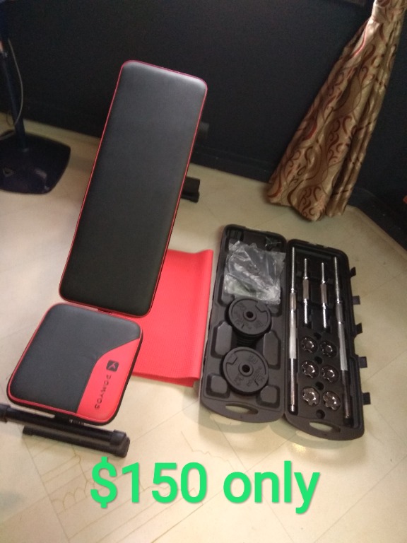 Bench and 50kg weights with free gym mat, Sports Equipment, Exercise ...