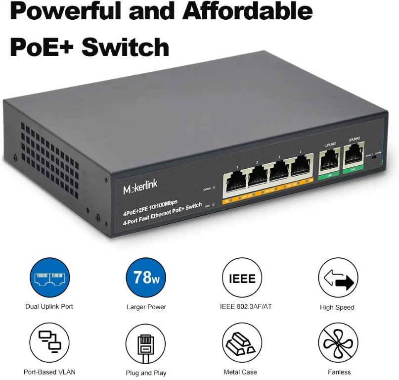 D138 MokerLink 4 Port Gigabit PoE Switch with 2 Gigabit Uplink, 4 PoE+ Ports 1000Mbps, 78W High ...