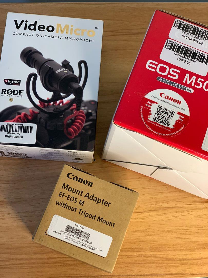 Canon EOS M50 with Adapter & Rode Mic, Photography, Cameras on Carousell