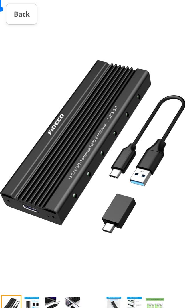 FIDECO M.2 NVMe SSD Enclosure, USB 3.1 Gen 2 (10 Gbps) to NVMe PCI-E M ...