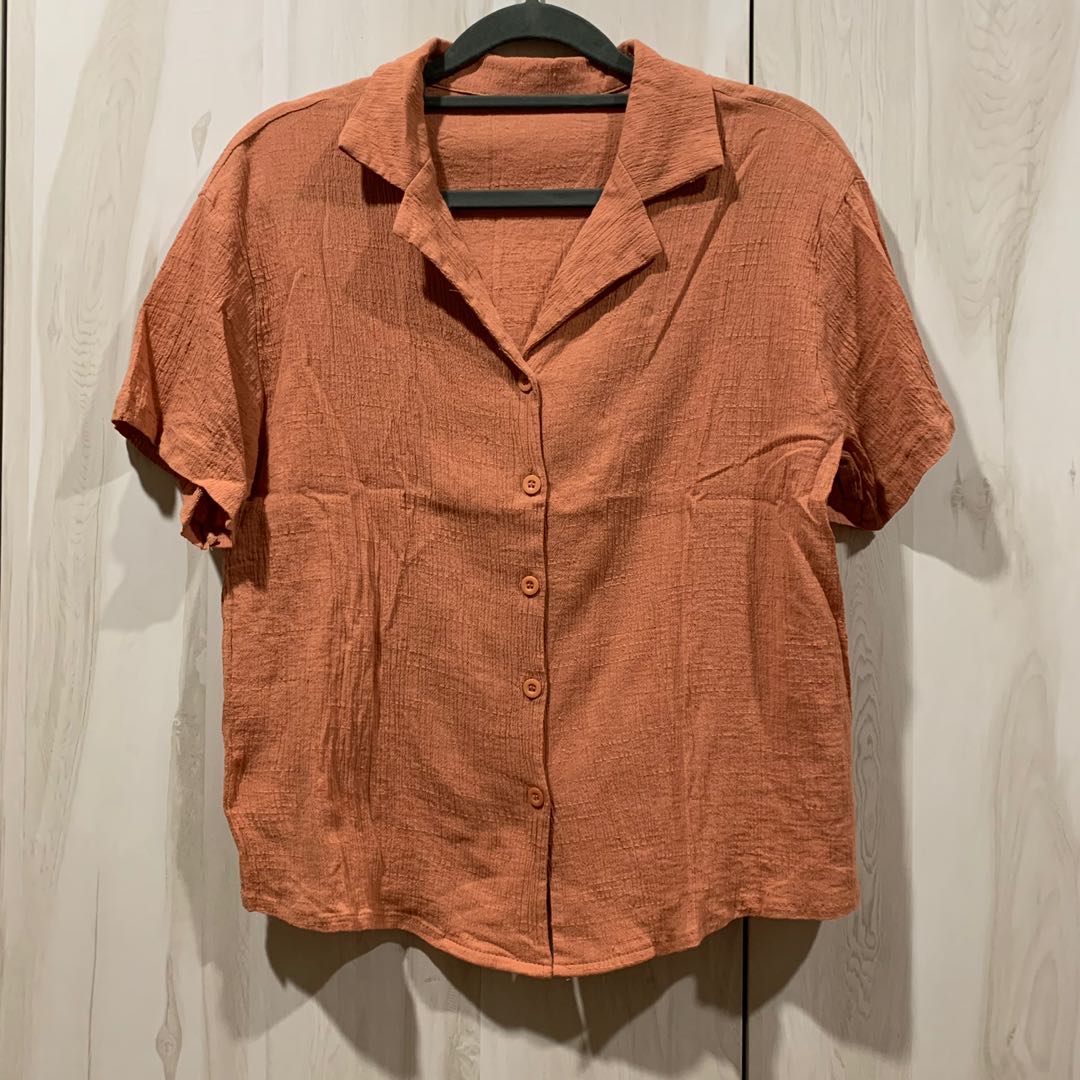Dusty red linen shirt, Women's Fashion, Tops, Shirts on Carousell