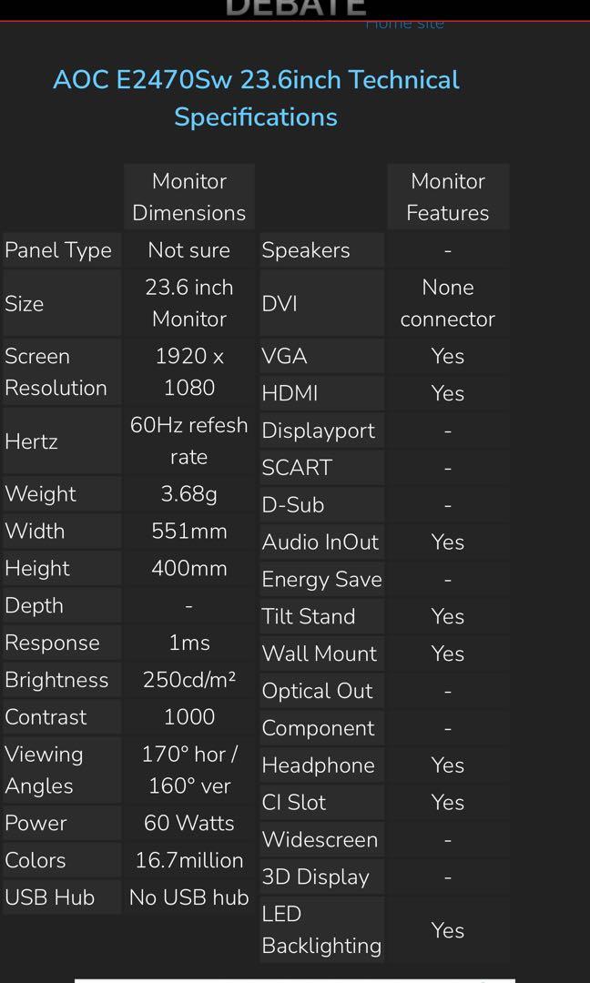 AOC 24 Inch Monitor - E2470Sw - Full HD 1920x1080, Computers & Tech ...