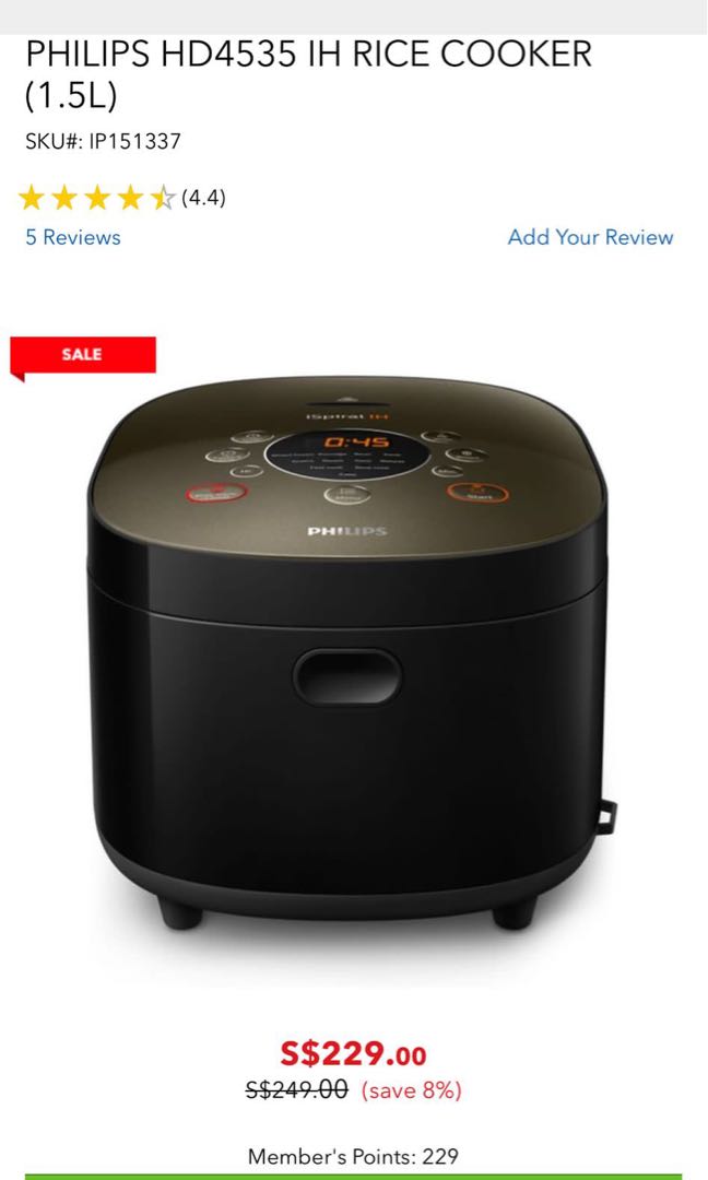 PHILIPS HD4535 IH RICE COOKER (1.5L), TV & Home Appliances, Kitchen ...