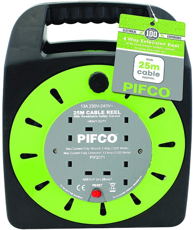 PIFCO 4 Way 25M Heavy Duty Extension Reel With Re-Settable Safety ...