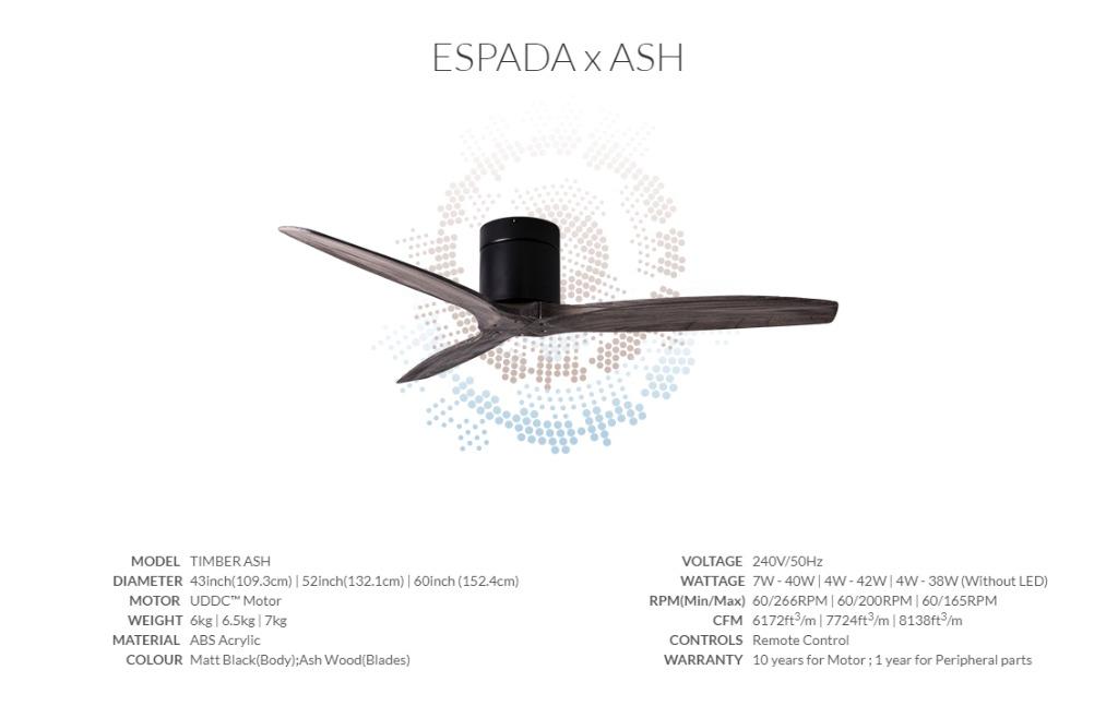 SPIN Espada Black (Timber Series) ASH Wooden Blades (43inch/ 52inch/ 60inch) Ceiling Fan ...