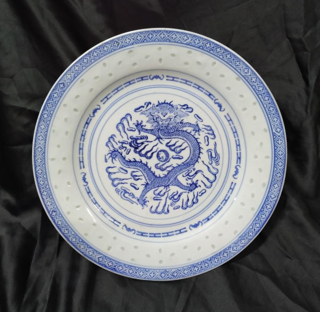 Vintage Blue Rice Pattern Ling Long Porcelain Plate, Furniture & Home ...