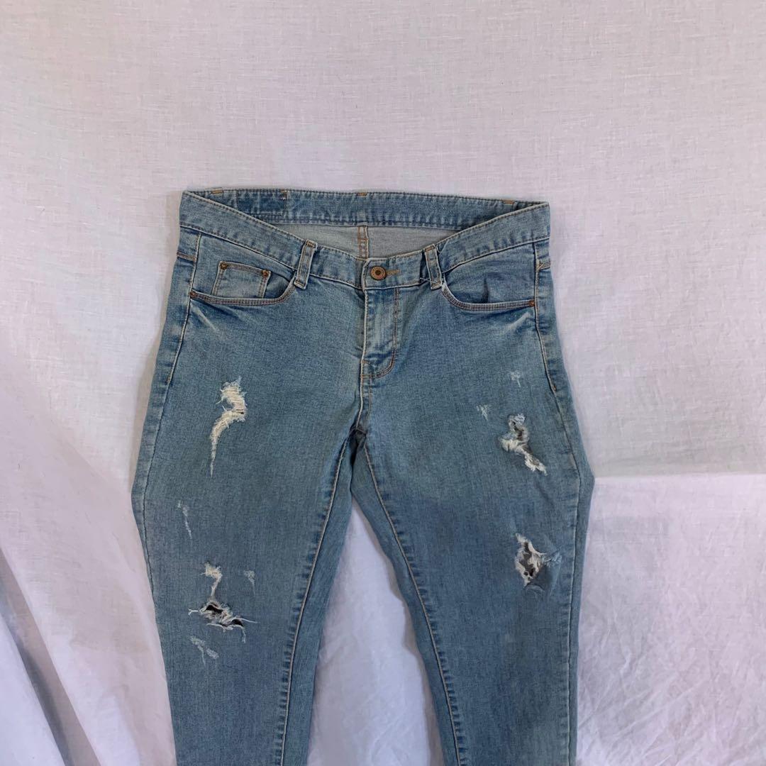 Celana Skinny Ripped Jeans Unfinished Cut Denim Korean Pants, Fesyen ...