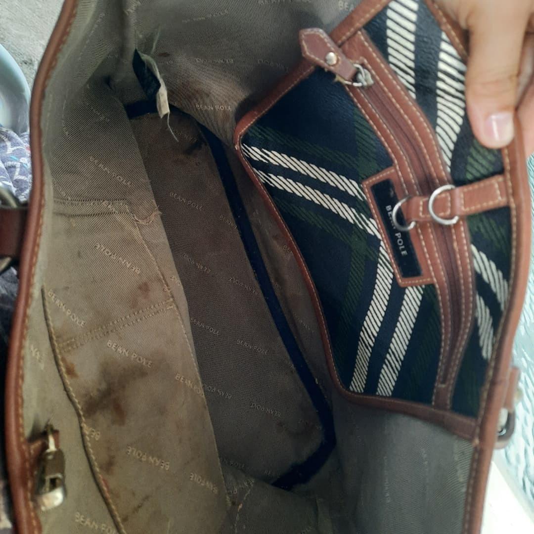 Preloved Second Bekas Tas Tote Bean Pole Kulit Asli, Fesyen Wanita, Tas ...