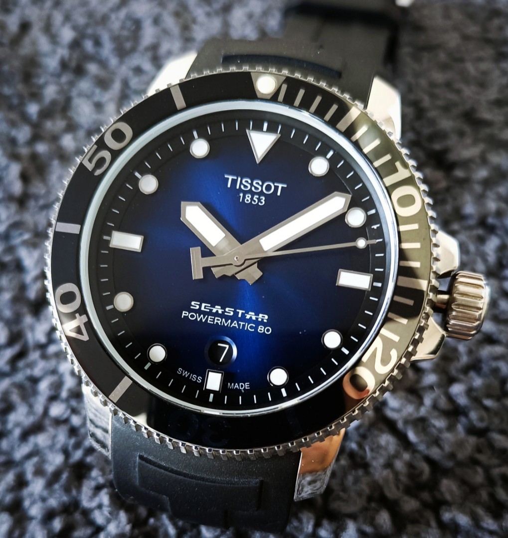 Tissot Seastar Blue Sunburst Powermatic 80 Automatic Divers Watch, Men ...