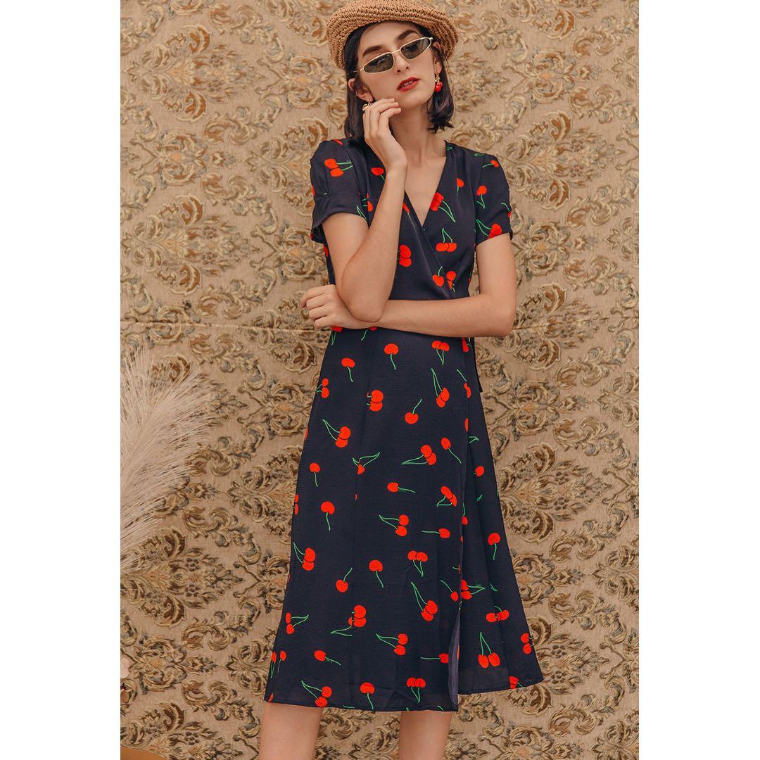 Cherry Print Wrap Midi Dress, Women's Fashion, Dresses & Sets, Dresses ...
