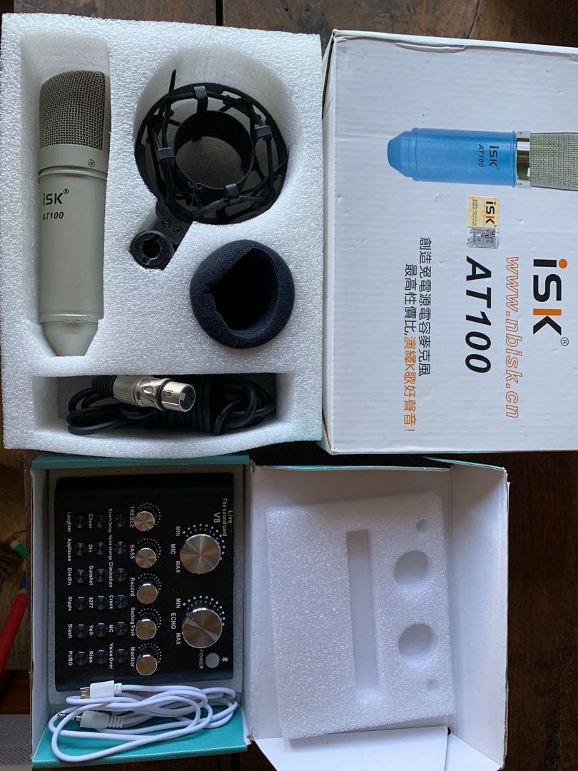 isk at100 condenser microphone & soundcard v8 pro, Audio, Microphones on Carousell