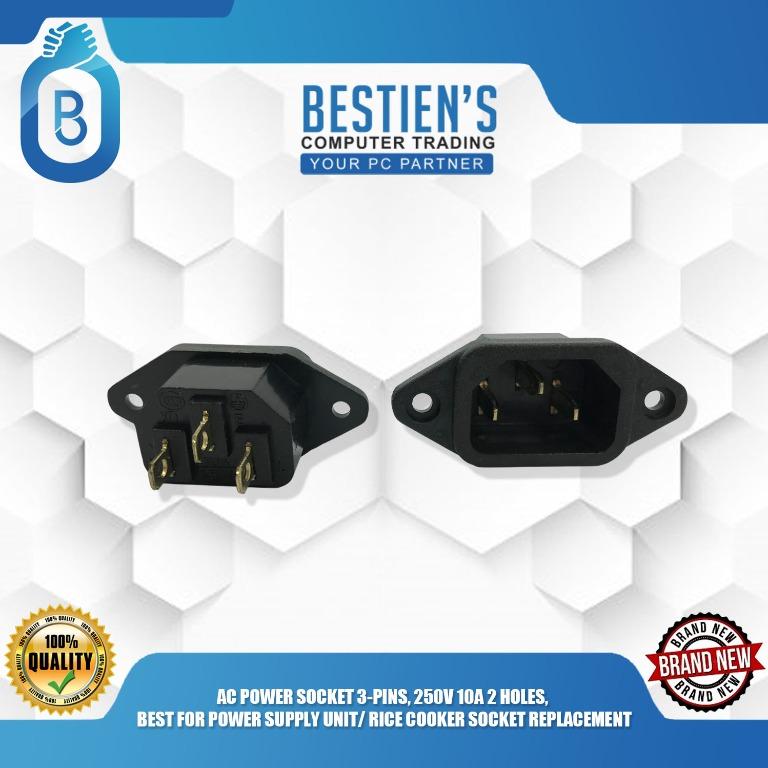 AC POWER SOCKET 3-PINS, 250V 10A 2 HOLES, BEST FOR POWER SUPPLY UNIT ...