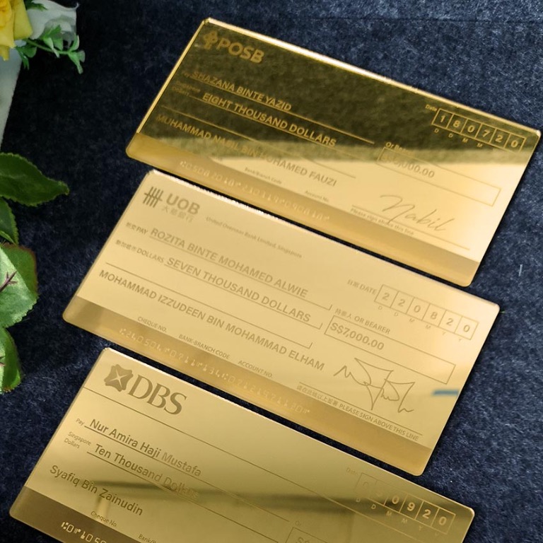 Mock Up Cheque - Engraved Gold Mirror Acrylic with Stand, Hobbies ...