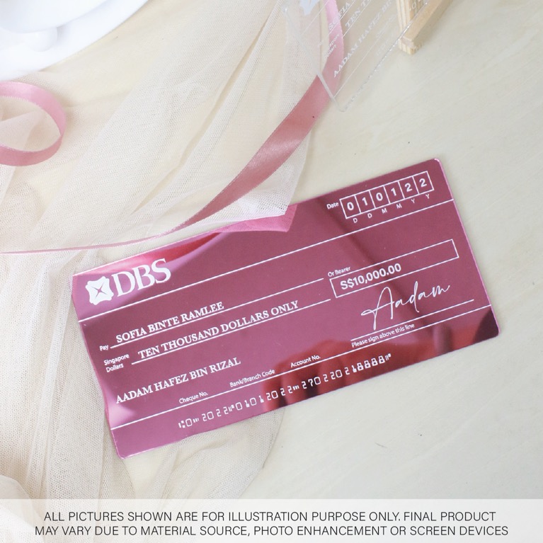 [OOS] Dark Pink Mirror Acrylic Mockup Cheque Wedding Display(White ...