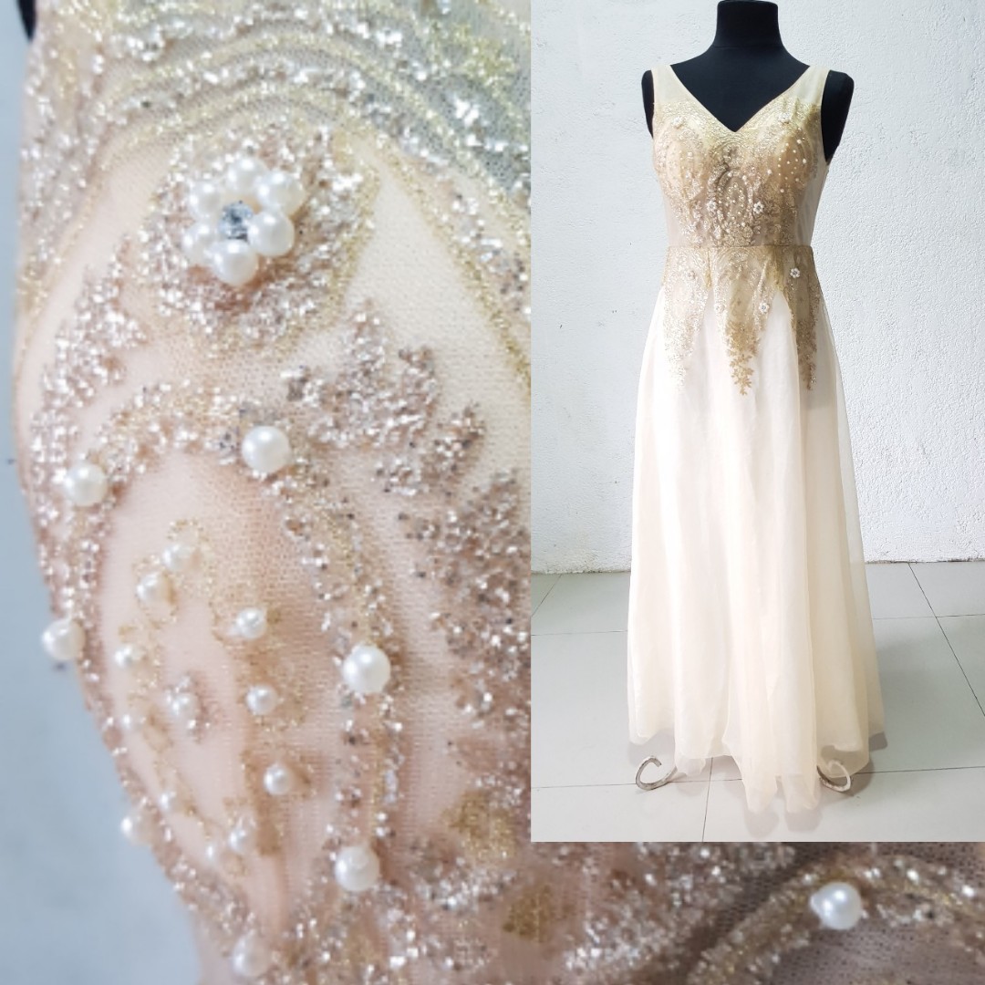 Light yellow gold gown simple beaded gown civil wedding dress guest ...