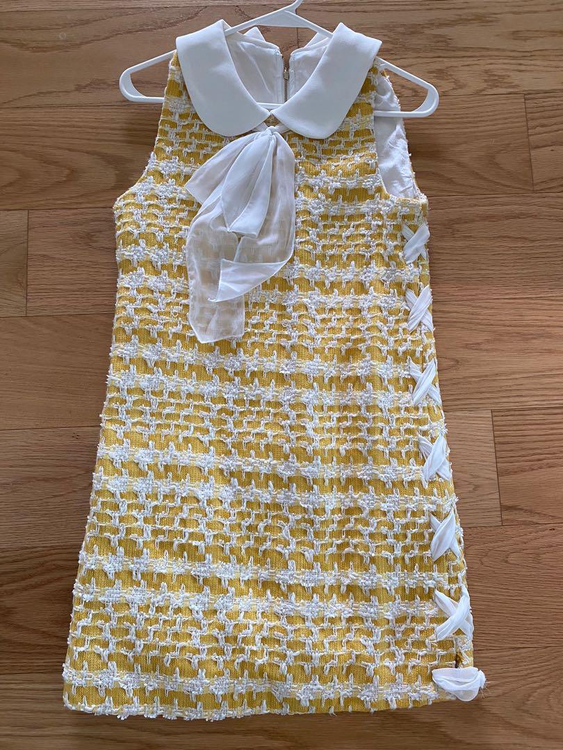Yellow Tweed Dress with Peter Pan Collar - S, Women's Fashion, Dresses ...