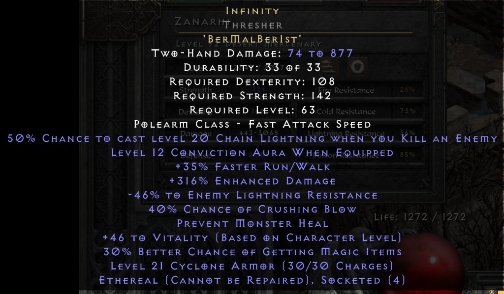 D2R Infinity Thresher High ED 316%, Video Gaming, Gaming Accessories ...