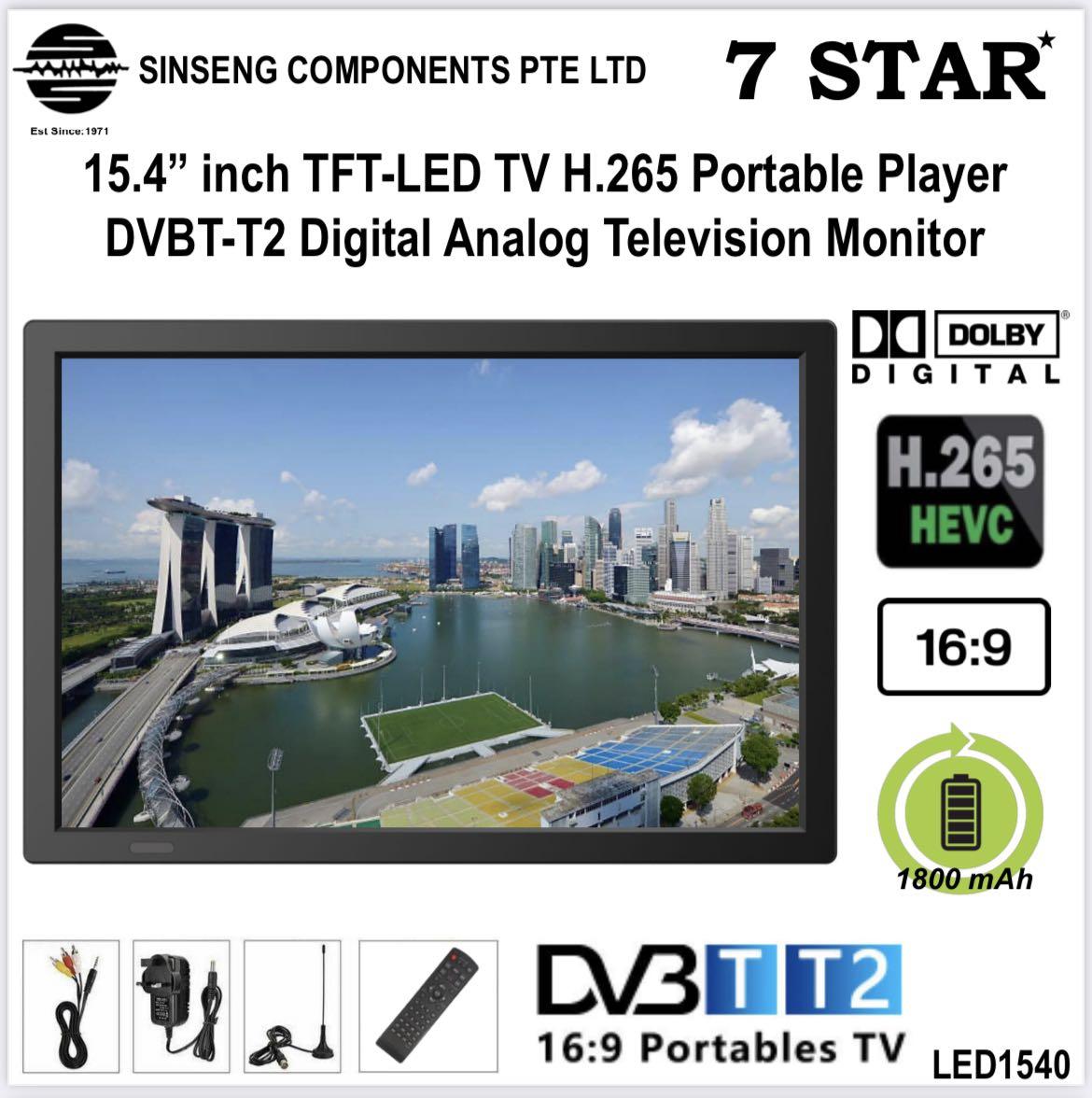 7-STAR* 15.4” Portable LED Digital TV with Built in DVB-T2 Digital Antenna [Full-HD, Built in ...