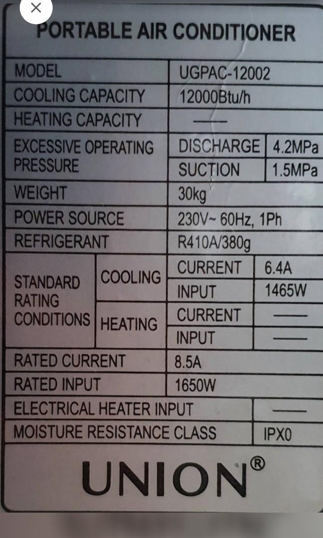 Union 1.5 HP Portable Aircon, TV & Home Appliances, Air Conditioning ...