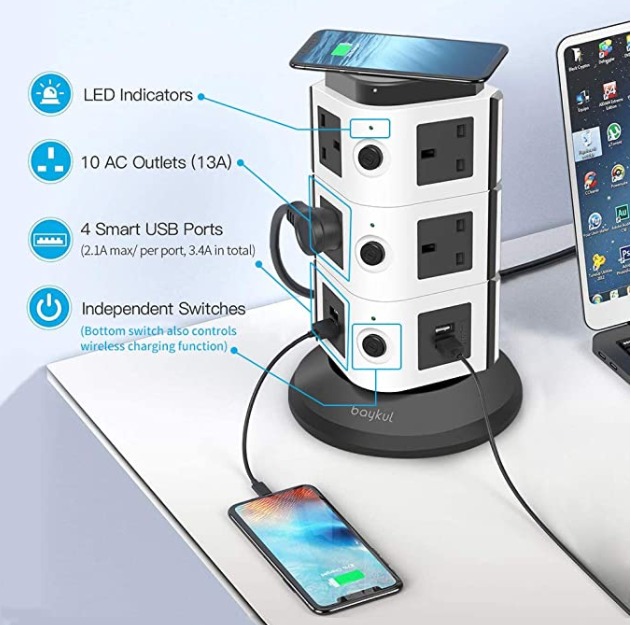 Baykul 5m Vertical Smart Socket with wireless Charging, TV & Home ...
