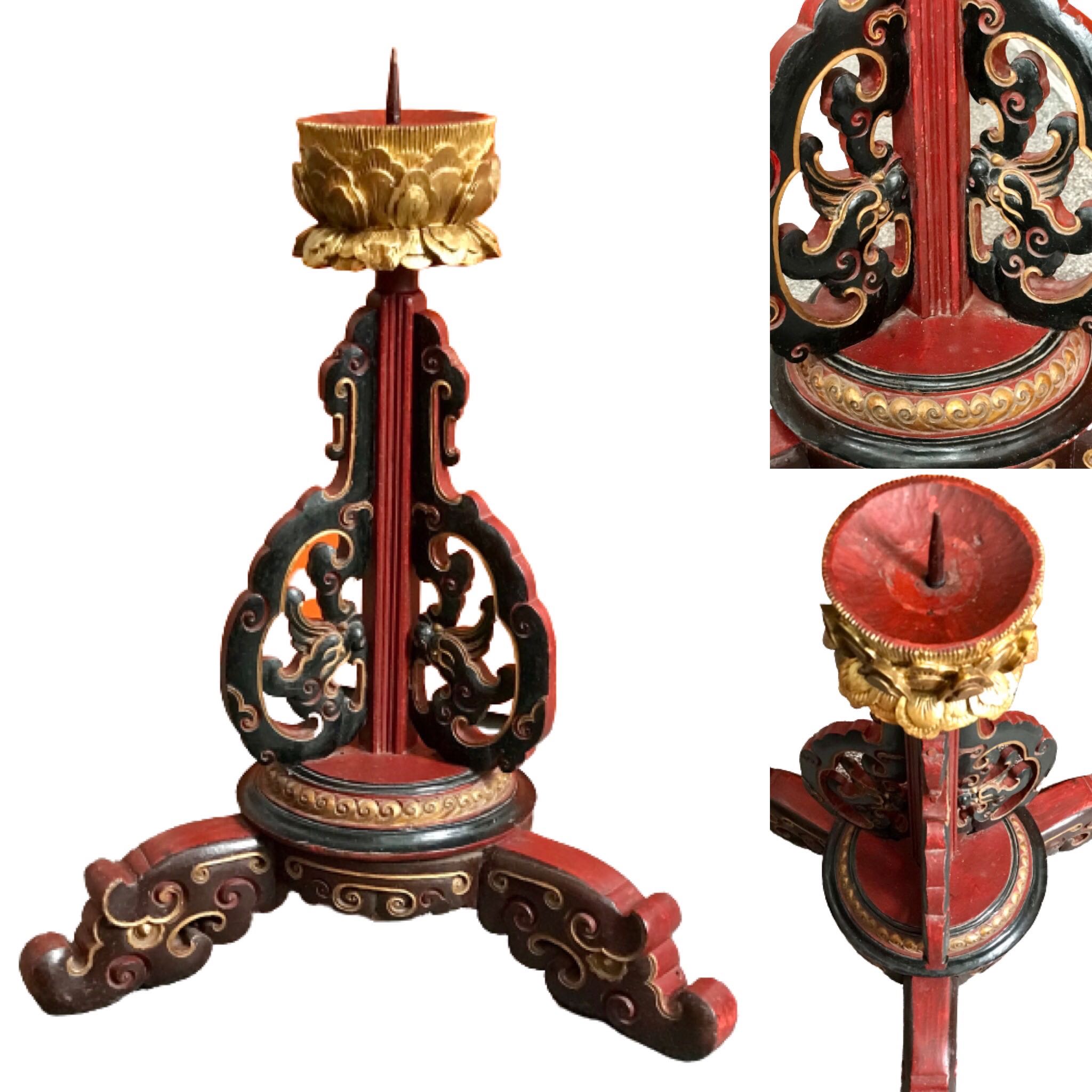 Antique Straits Chinese Peranakan Namwood Red & Gold Candle Stand ...