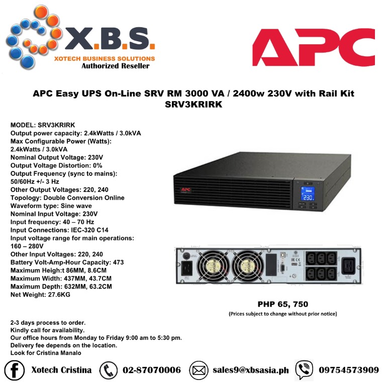 APC Easy UPS On-Line SRV RM 3000 VA / 2400w 230V with Rail Kit ...
